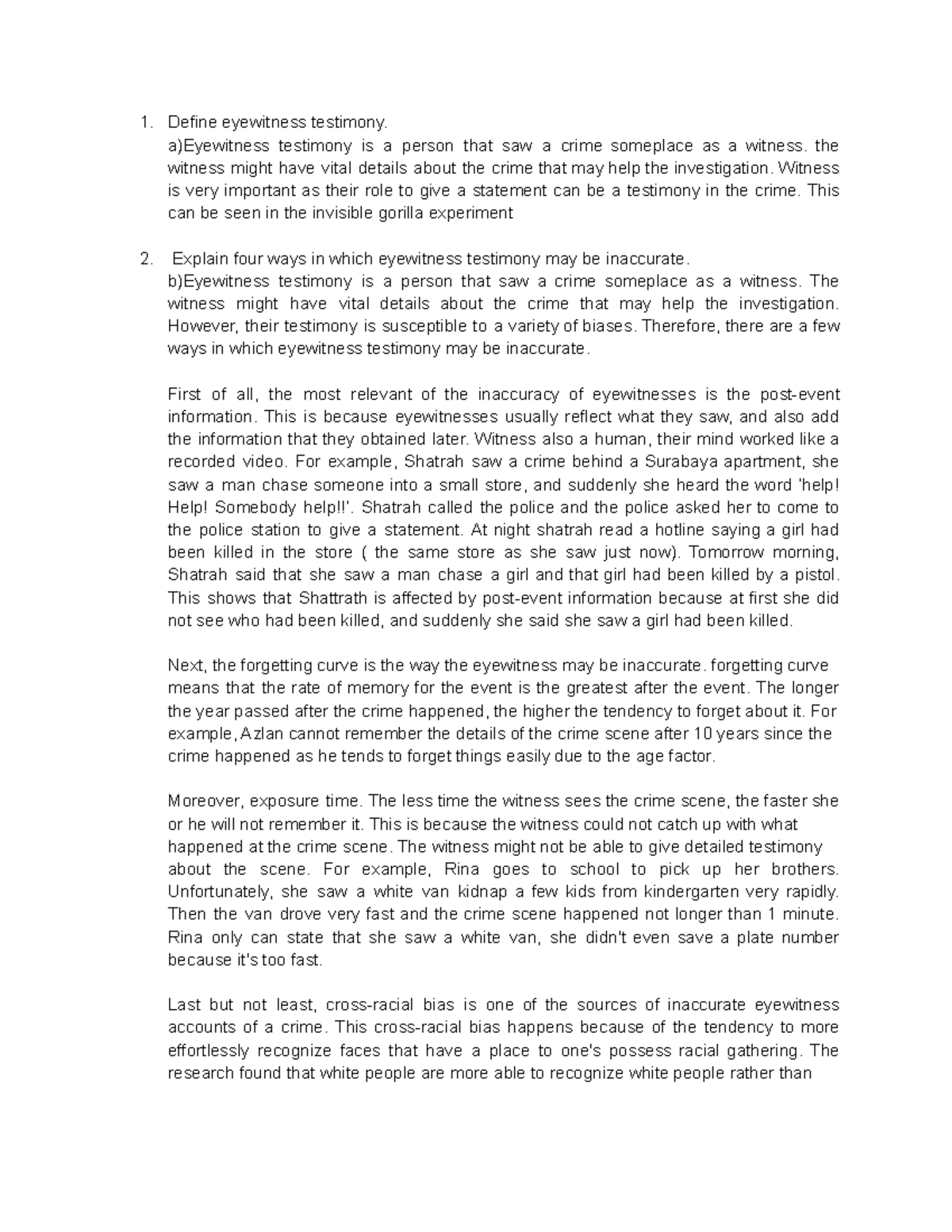 practice material ( Law036) - Define eyewitness testimony. a)Eyewitness ...