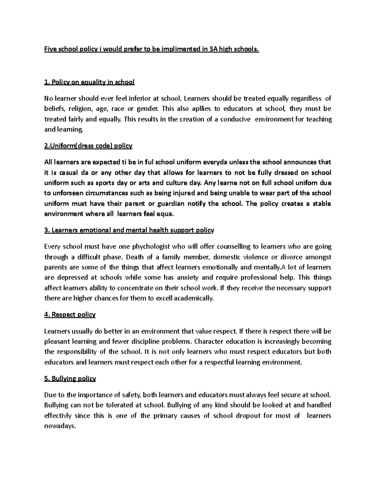 1School policy-1 - Policy documents - Five school policy i would prefer ...
