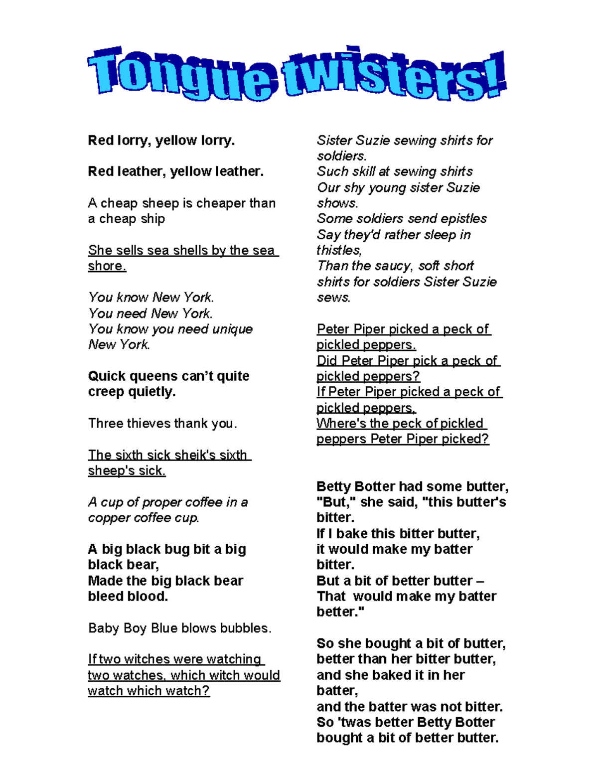 Tongue twisters - resource for teaching a class about a topic and then ...