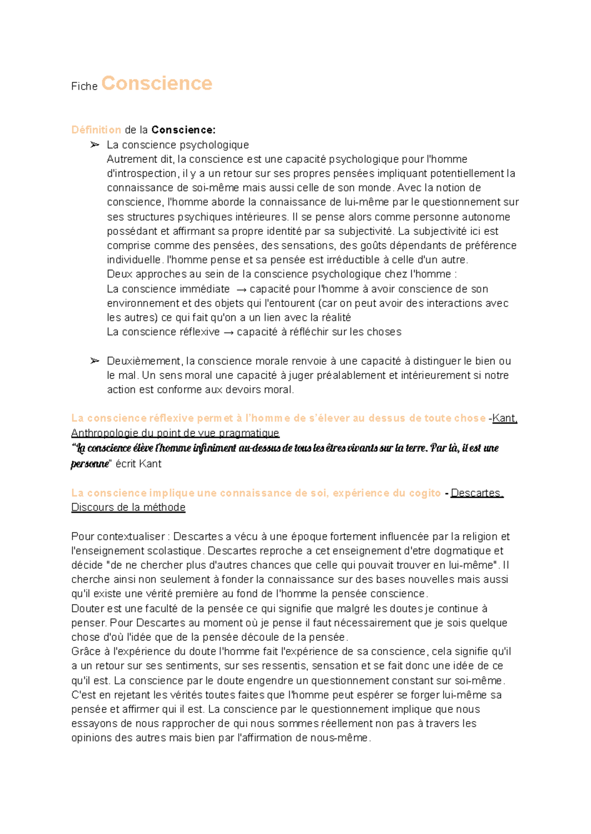 Fiche Conscience - Fiche Conscience Définition de la Conscience: La ...