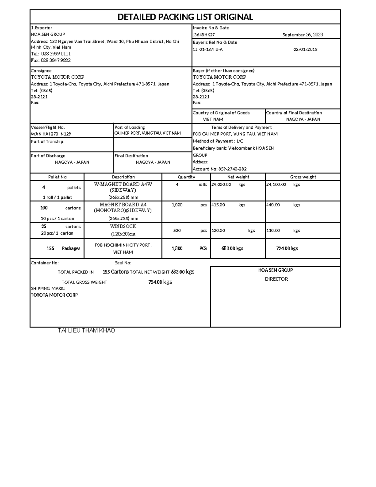 Packing LIST - NHÓM 9 - DETAILED PACKING LIST ORIGINAL 1 HOA SEN GROUP ...