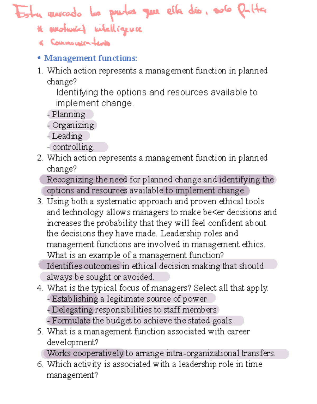 -Leadership Final - Management functions: Which action represents a ...