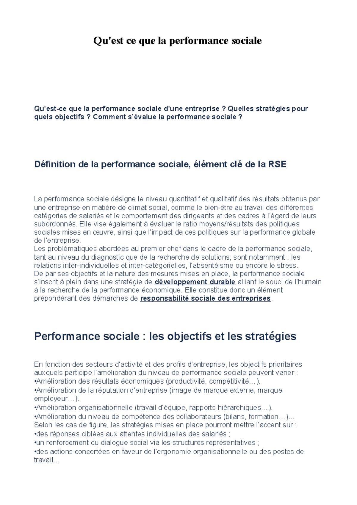 La performance sociale MRH 2 - Qu'est ce que la performance sociale Qu ...