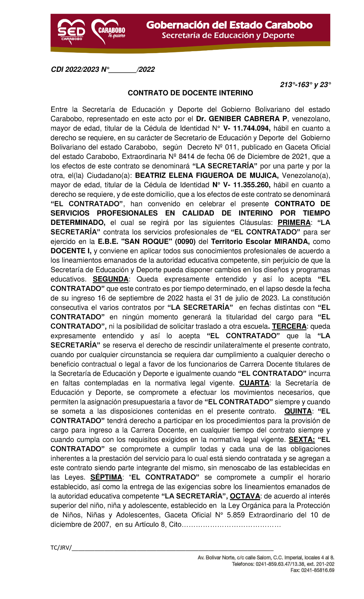 Contrato DE Docente Interino ( Miranda) Figueroa DE Mujica - - Studocu