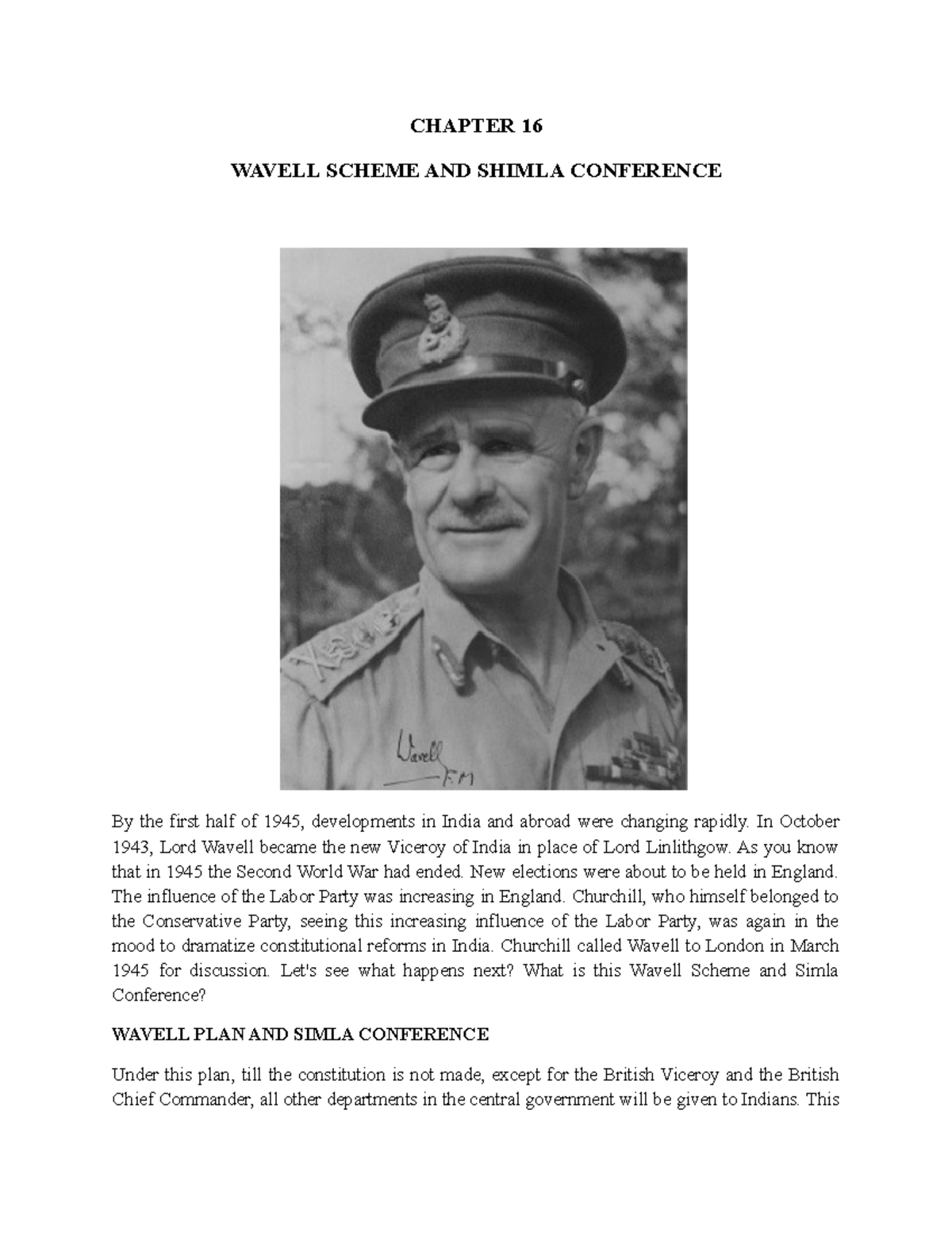 Chapter 16 Wavell Scheme AND Shimla Conference - CHAPTER 16 WAVELL ...