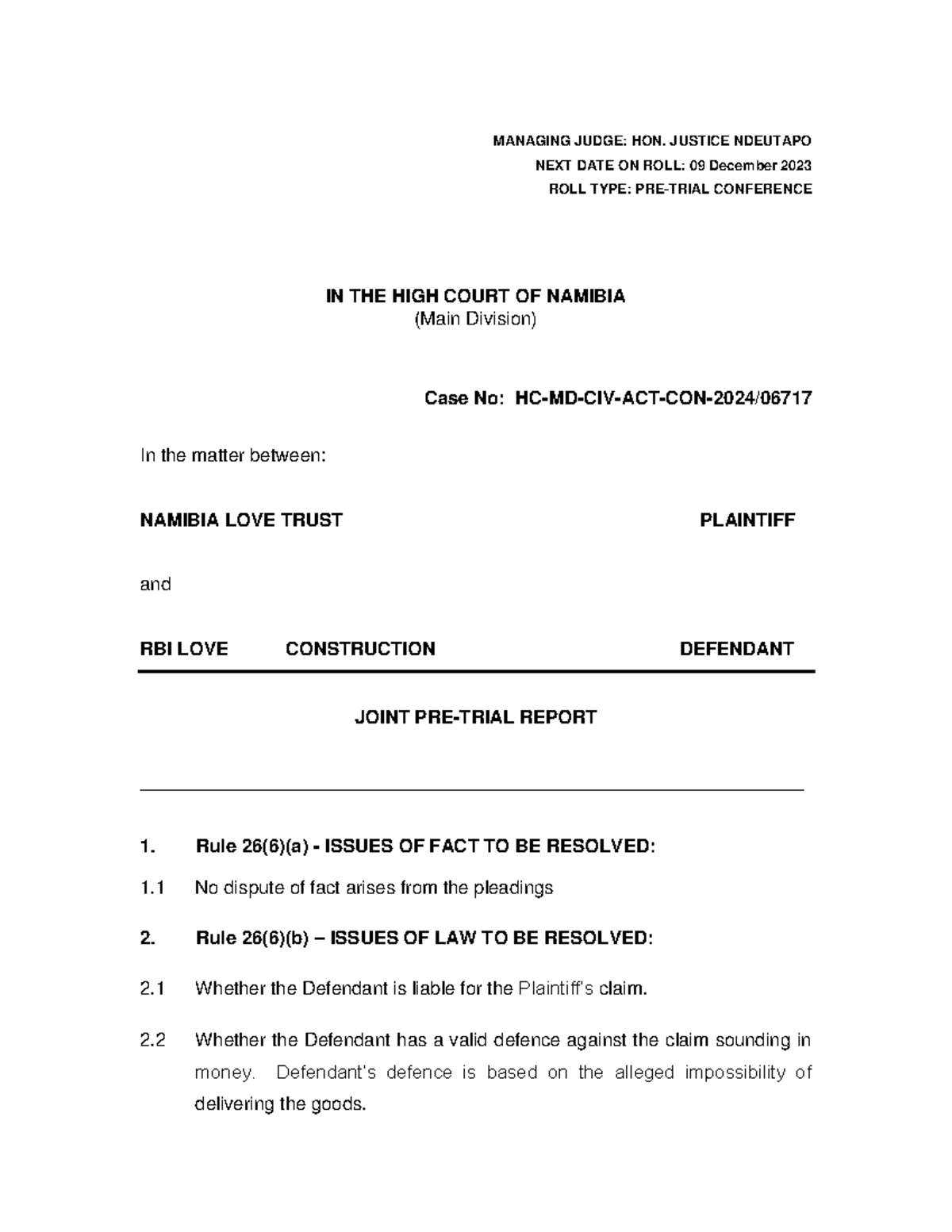 Joint Pre-Trial Report 22 February 2024 - MANAGING JUDGE: HON. JUSTICE ...