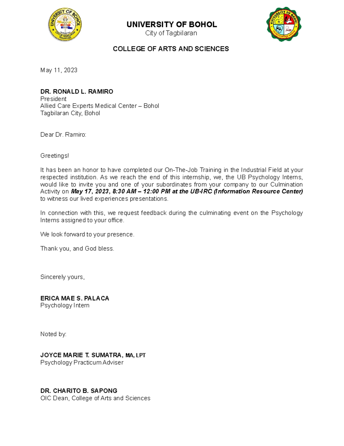 OJT LOI Culminating Activity 1 - City of Tagbilaran COLLEGE OF ARTS AND ...