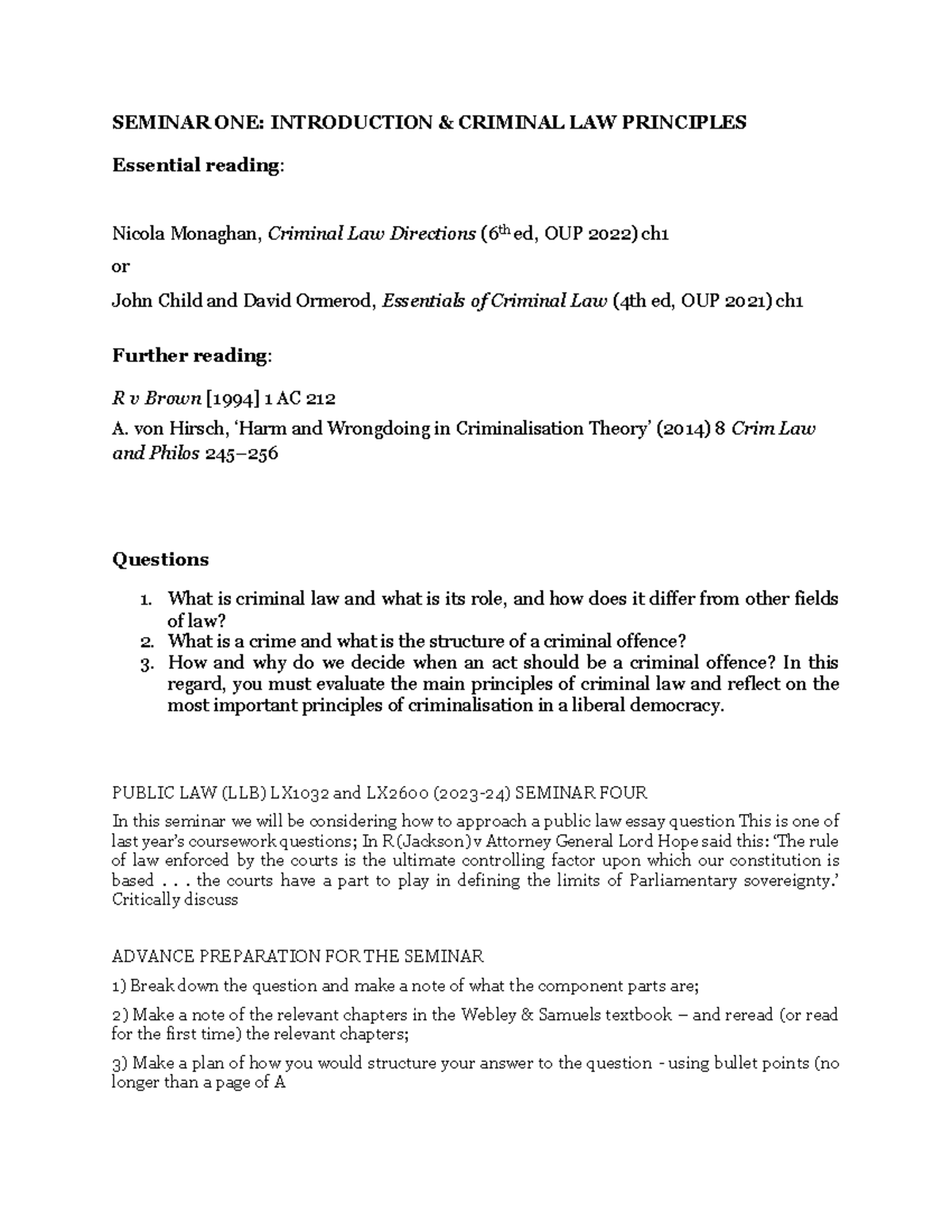 Seminar 1 - Criminal Law - SEMINAR ONE: INTRODUCTION & CRIMINAL LAW ...