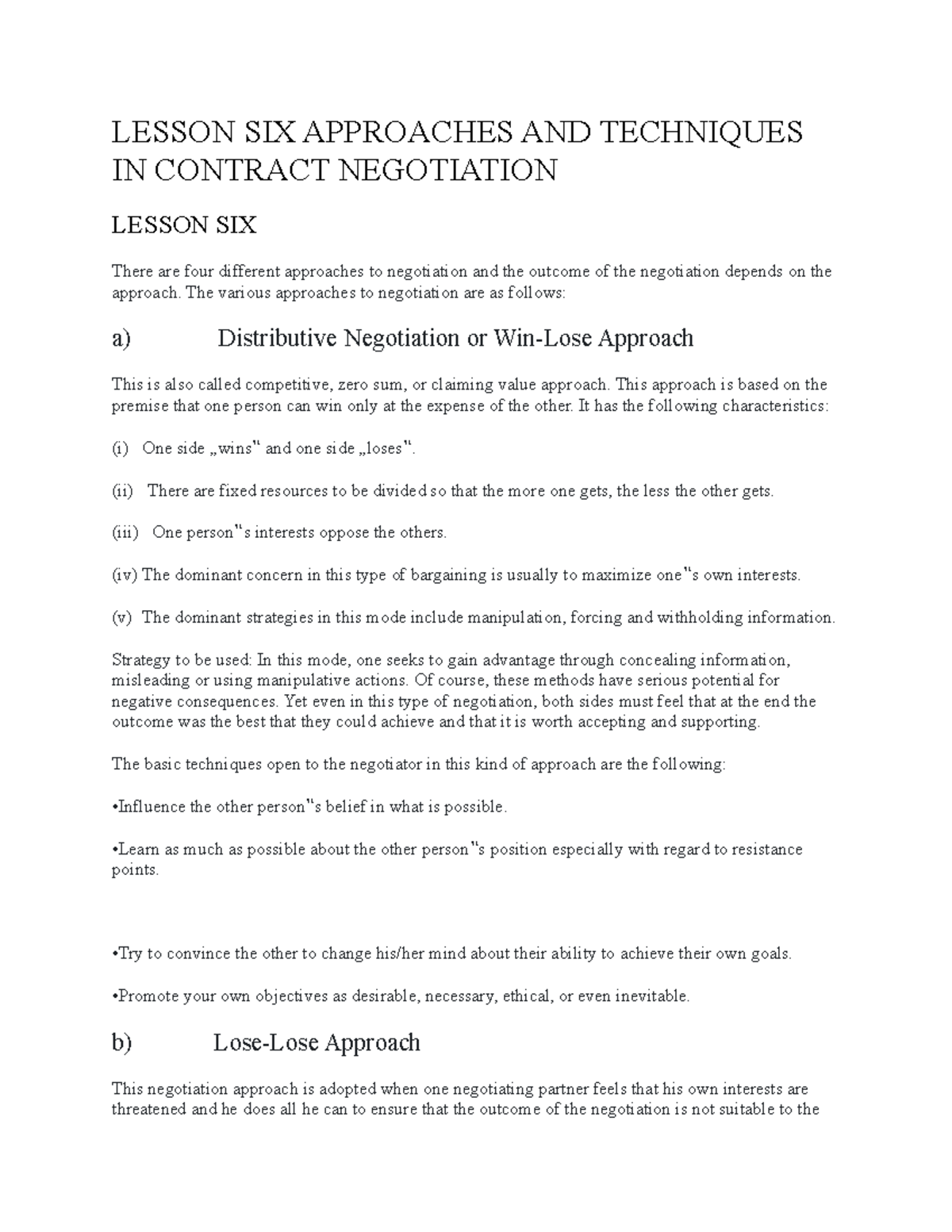 Lesson SIX Approaches AND Techniques IN Contract Negotiation - LESSON ...