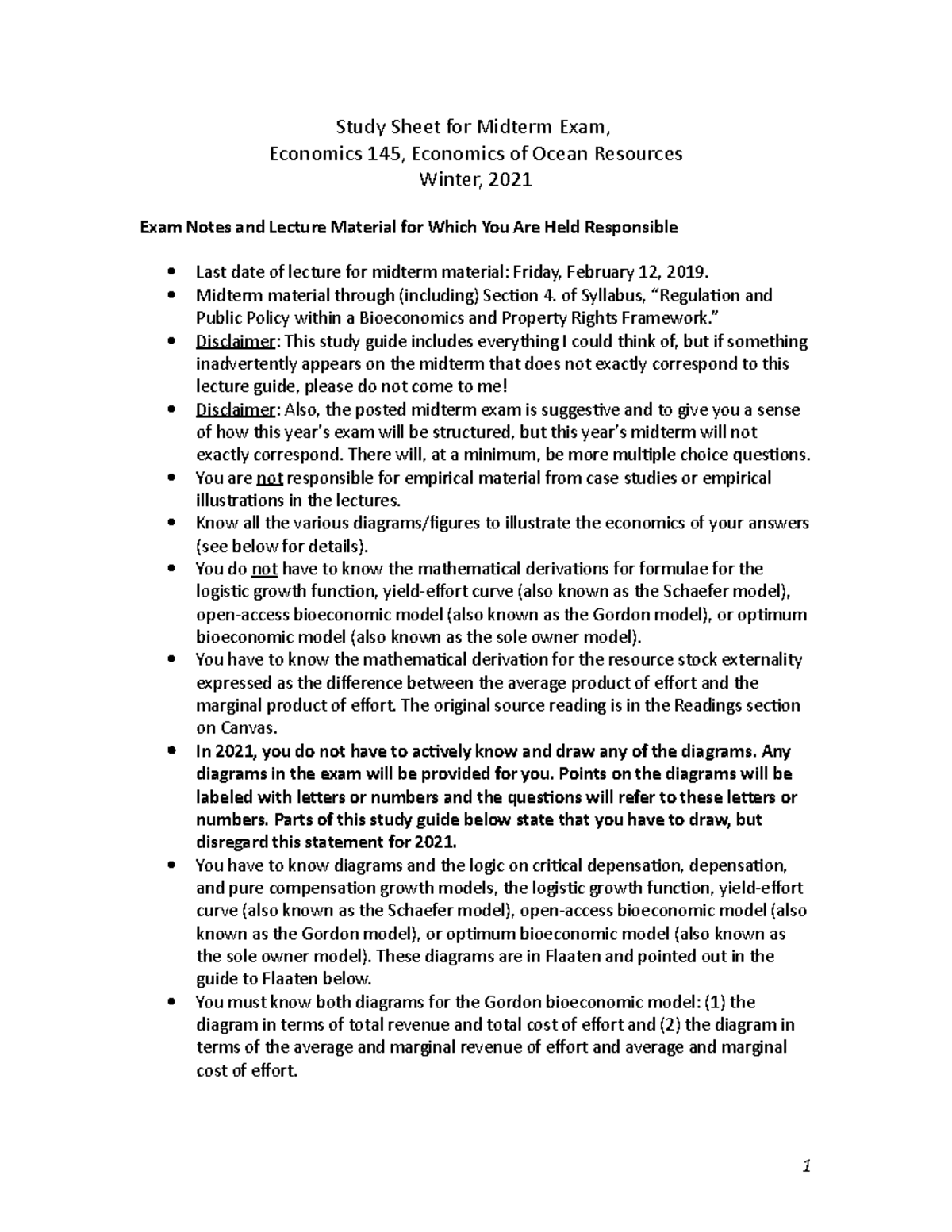 Study Sheet for Economics 145 Midterm 2021 - Study Sheet for Midterm ...
