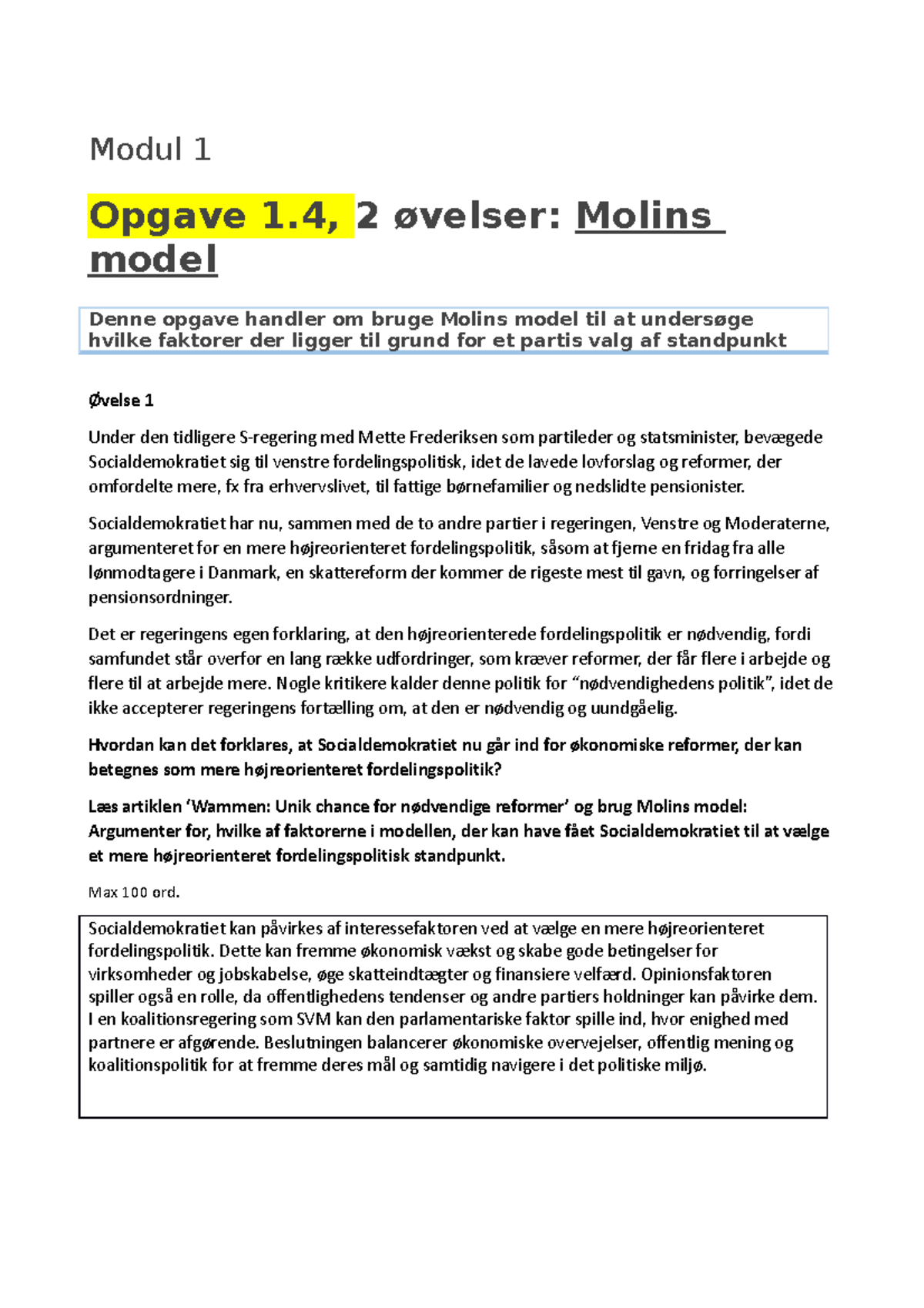 Samf B Opgave 1.4. Molins model - Modul 1 Opgave 1, 2 øvelser: Molins ...