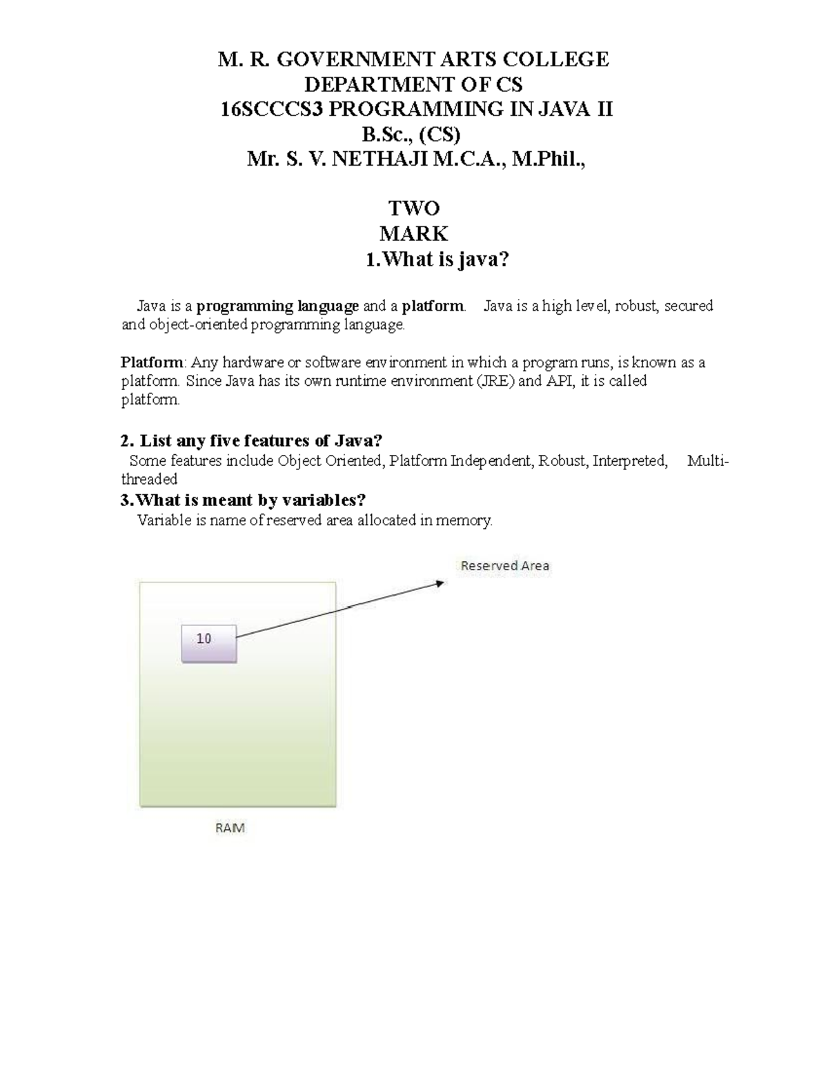 Programming java Question Bank - M. R. GOVERNMENT ARTS COLLEGE ...
