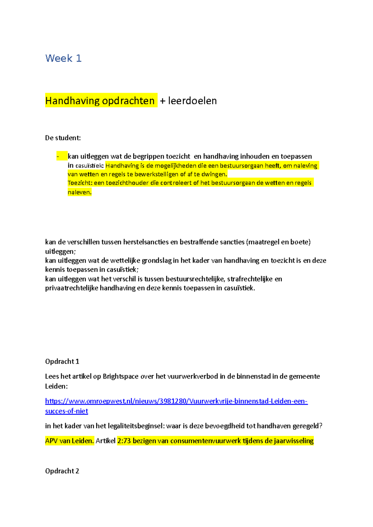 Handhaving week 1 - samenvatting - Week 1 Handhaving opdrachten ...