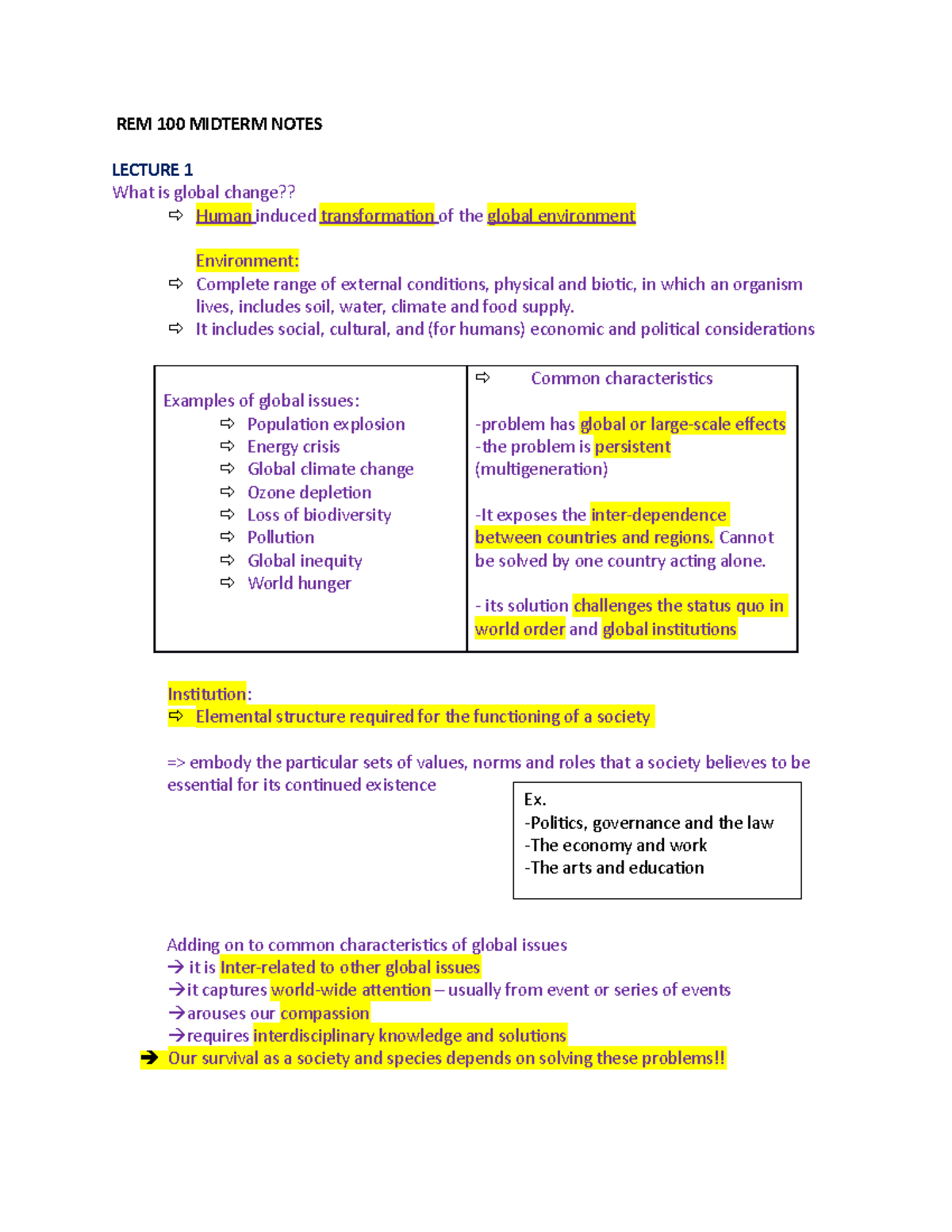 REM 100 Midterm Notes - REM 100 MIDTERM NOTES LECTURE 1 What is global ...