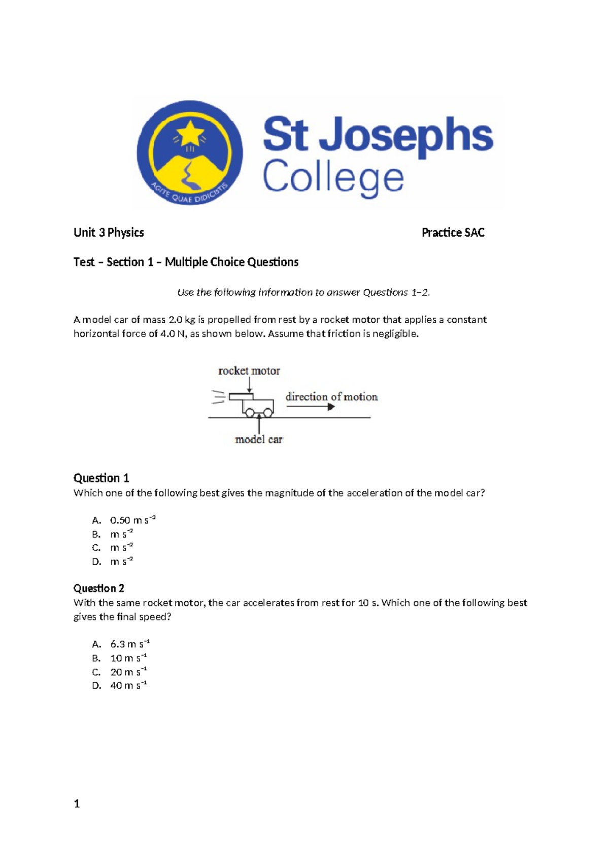 Practice SAC - busine - Unit 3 Physics Practice SAC Test – Section 1 ...