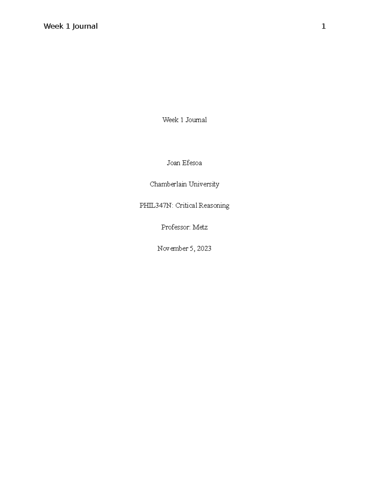 Phil347N week 1 jounal - Journal week 1 - Week 1 Journal Joan Efesoa ...