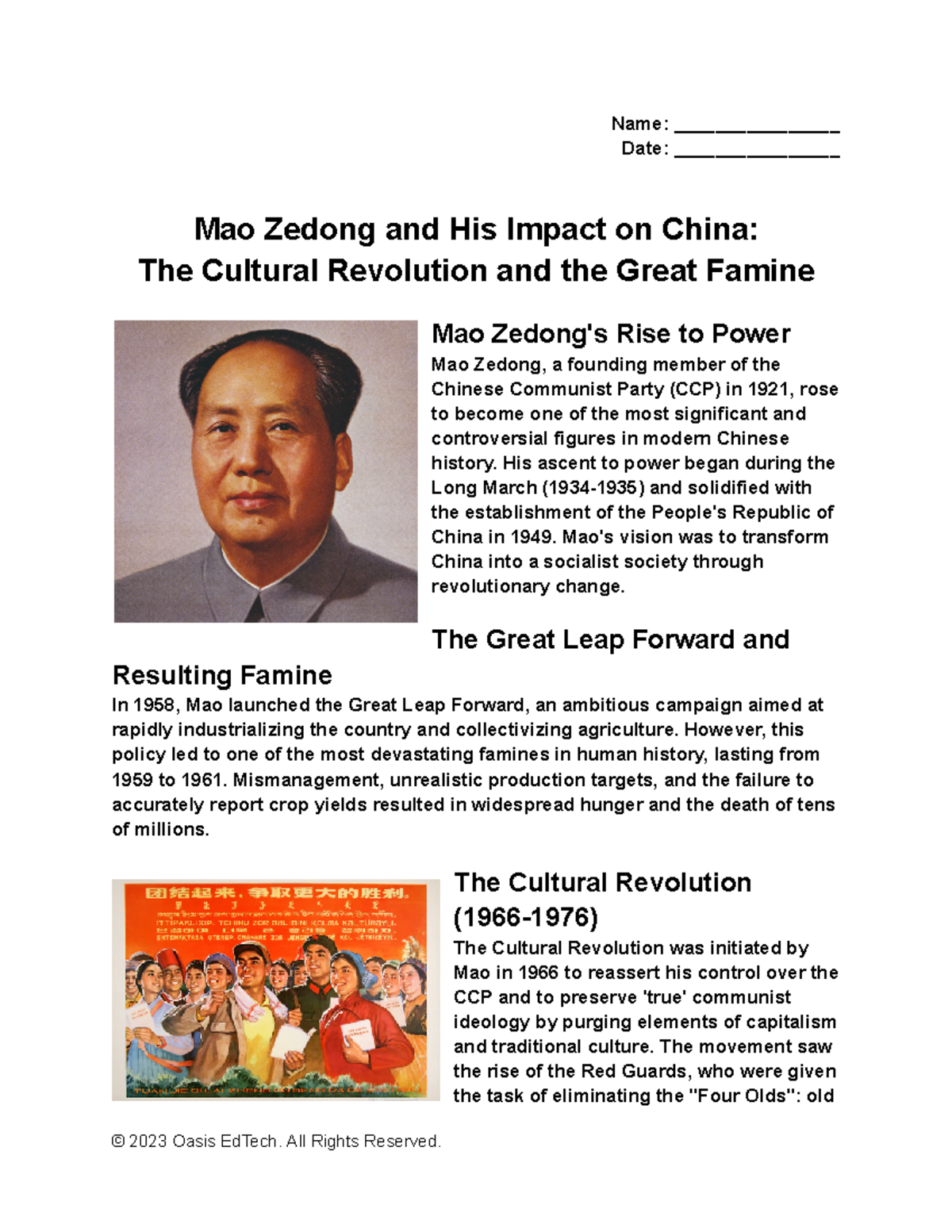 Mao Zedong and His Impact on China Worksheet - Name ...