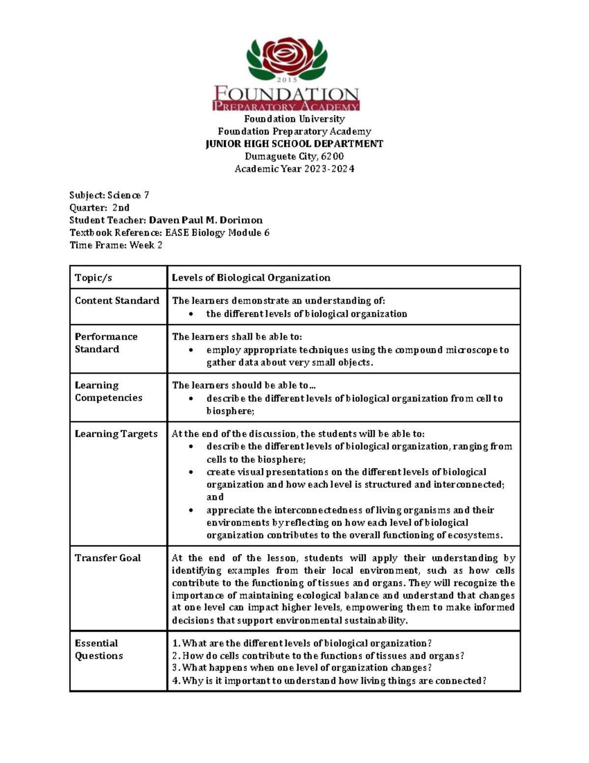G7 Week 2 - LP - semi detailed lesson plan on science 7 q2, Levels of ...