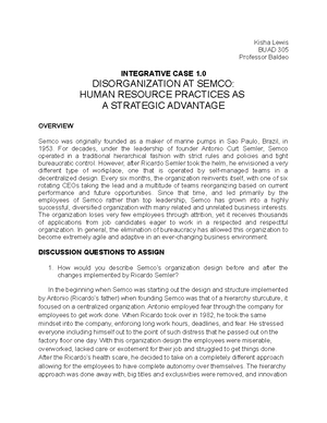 Case Study 1 - Semco ( Final) - Kisha Lewis BUAD 305 Professor Baldeo ...