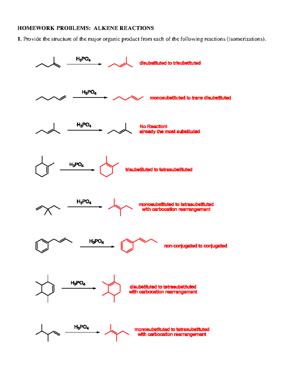 KEY HW 9 Alkene Reactions - HOMEWORK PROBLEMS: ALKENE REACTIONS 1 ...