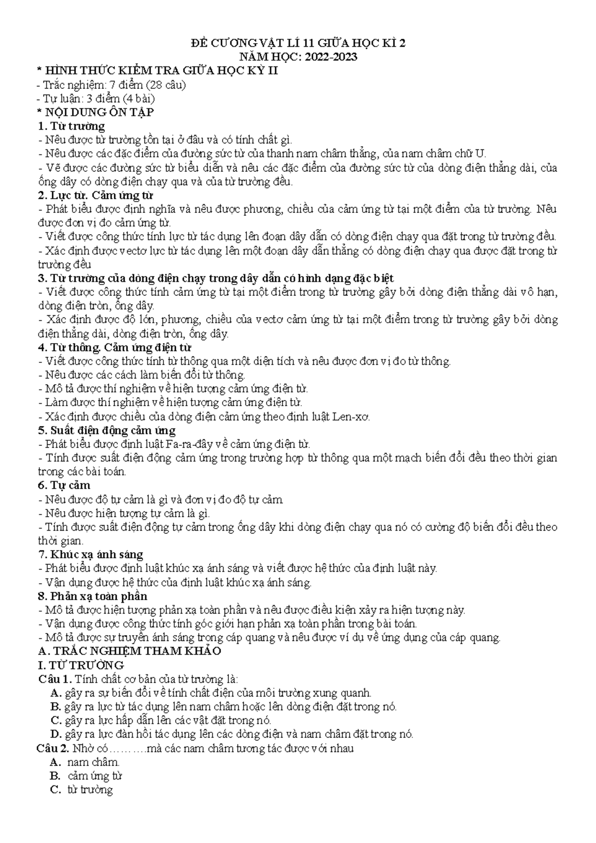 đề cương lí 11 hk 2 - de cuong vat ly 11 - ĐỀ CƯƠNG VẬT LÍ 11 GIỮA HỌC KÌ 2 NĂM HỌC: 2022 ...