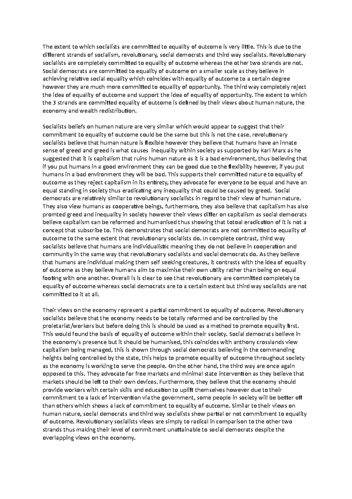 Socialissm essay, equality of outcome - The extent to which socialists ...