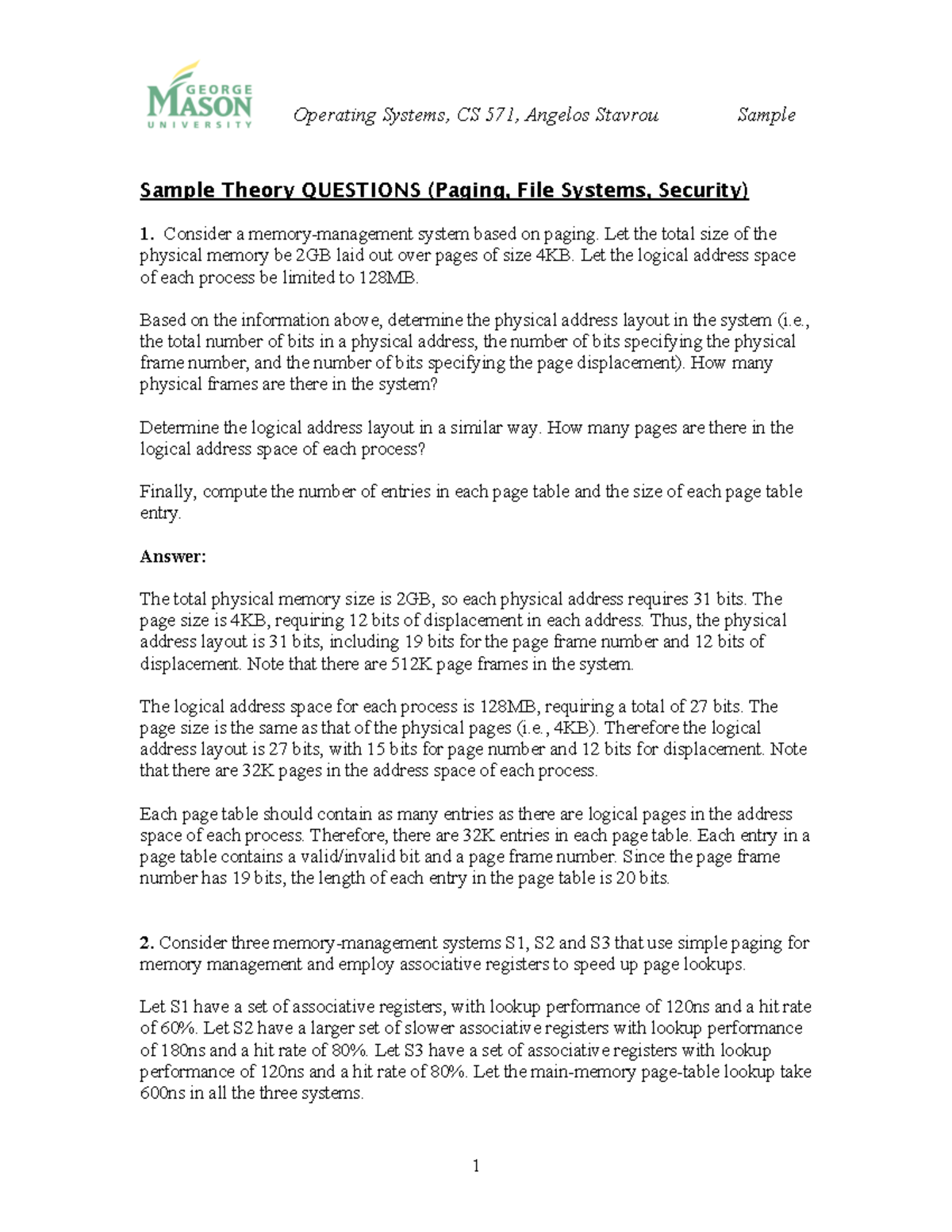 Practical - Final Sample questions - Operating Systems, CS 571, Angelos ...