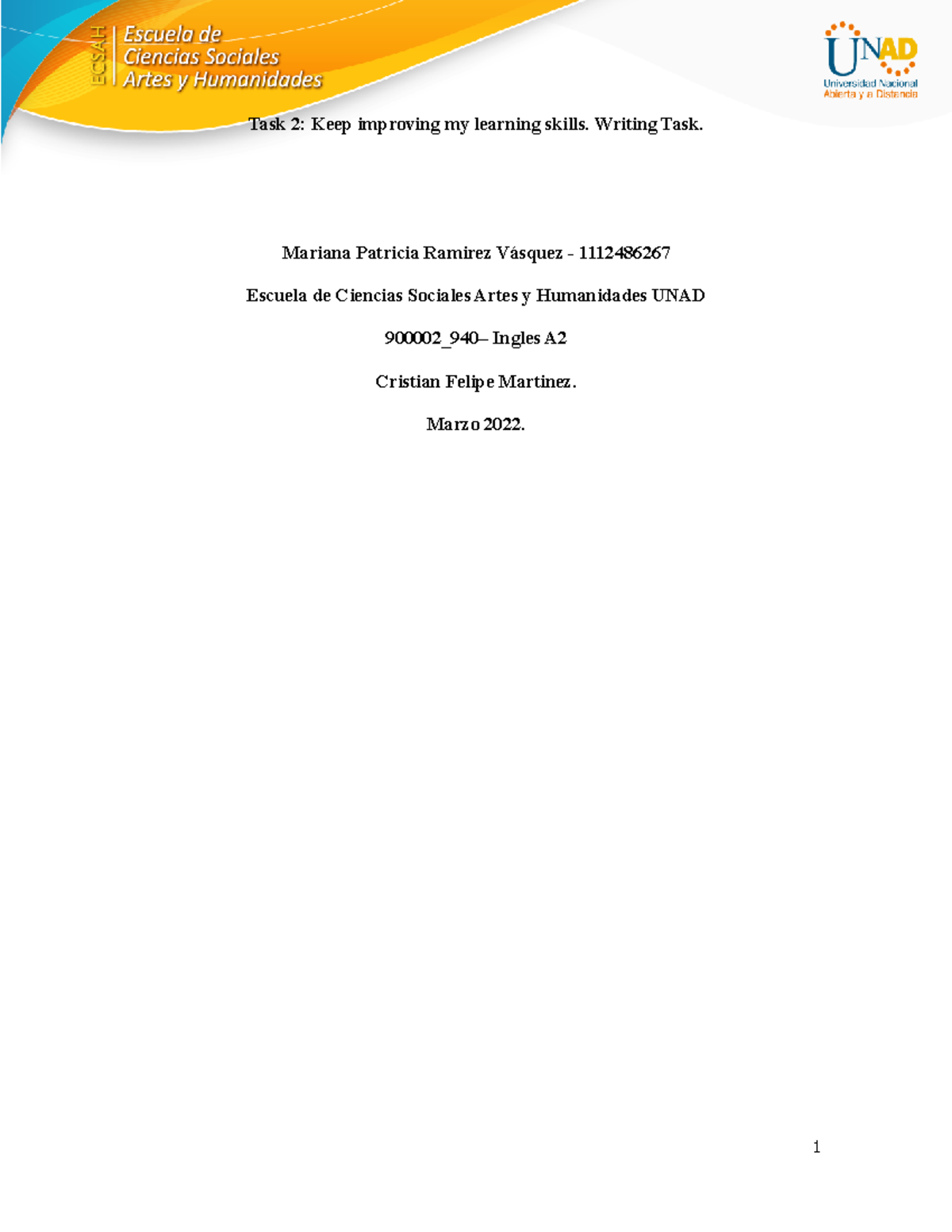 Writing Task ingles a2 - Ingles A2 - UNAD - Studocu