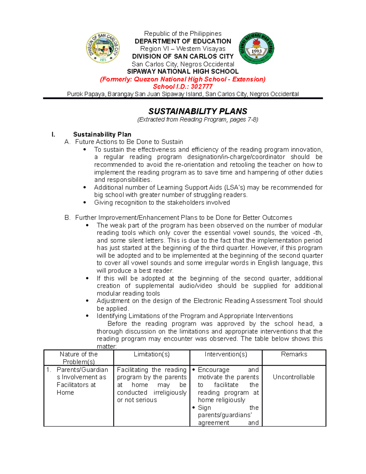 Sustainabiltiy of reading program - Republic of the Philippines ...