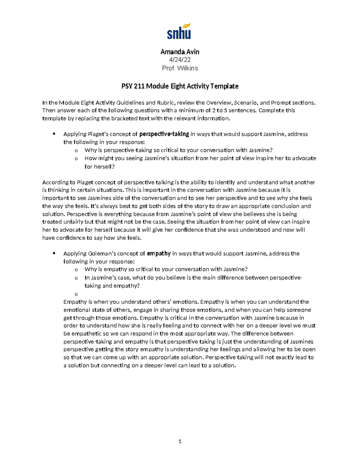 PSY 211 Module Eight Activity Template - Amanda Avin 4/24/ Prof ...
