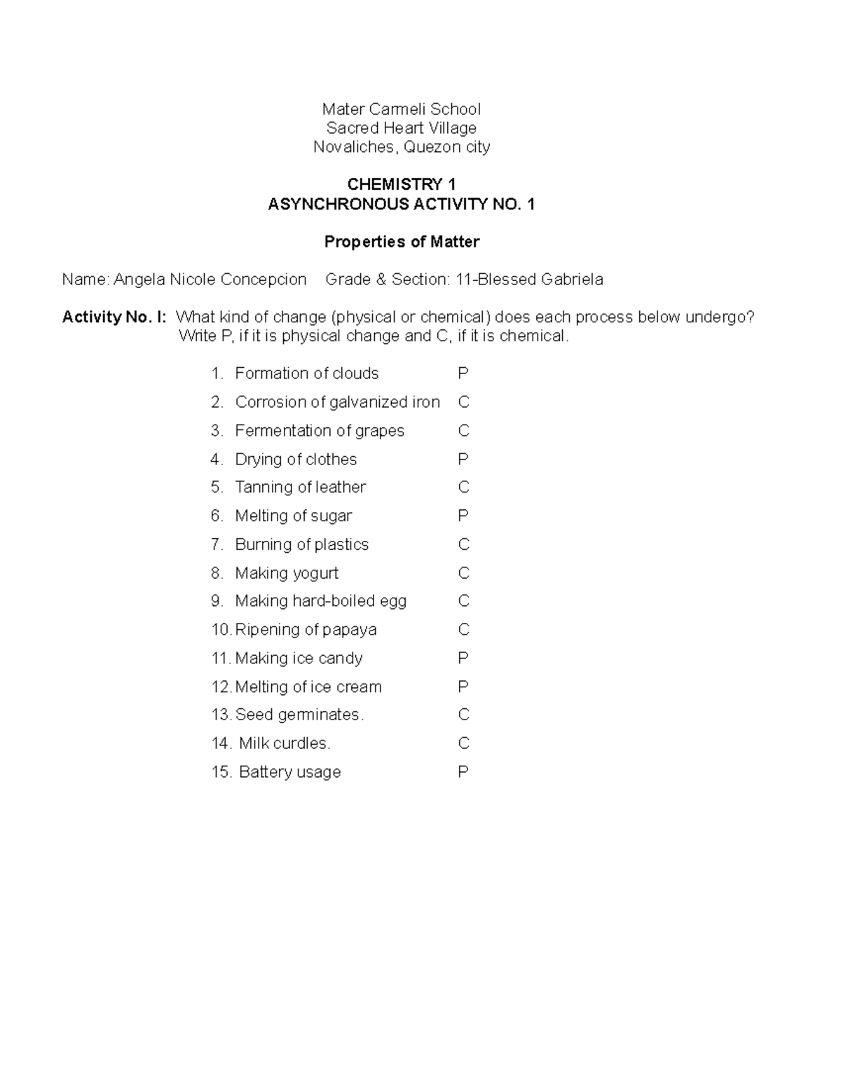 Chem 1 Asynchronous Activity No - Mater Carmeli School Sacred Heart Village Novaliches, Quezon ...
