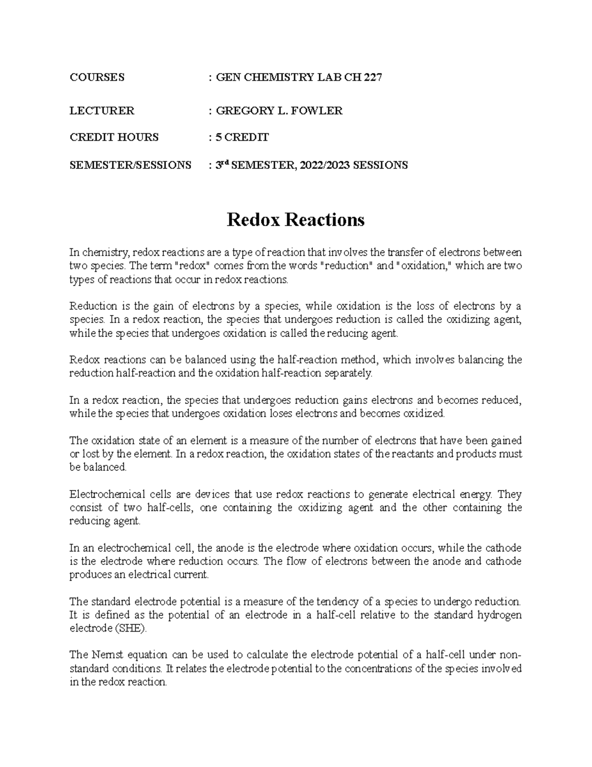 Redox Reactions Gen Chemistry - COURSES : GEN CHEMISTRY LAB CH 227 ...