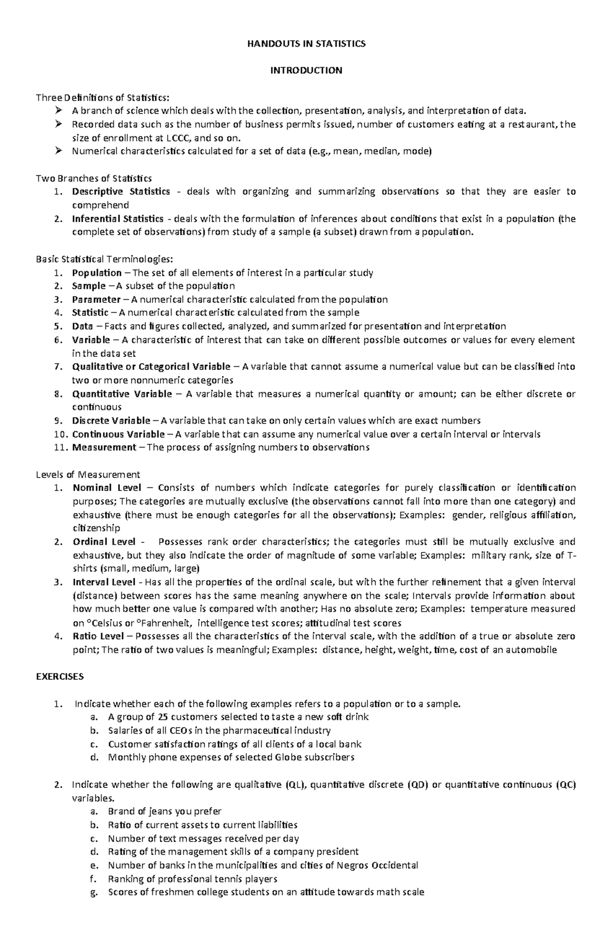 Pdfcoffee - HANDOUTS IN STATISTICS INTRODUCTION Three Definitions of Statistics: A branch of ...