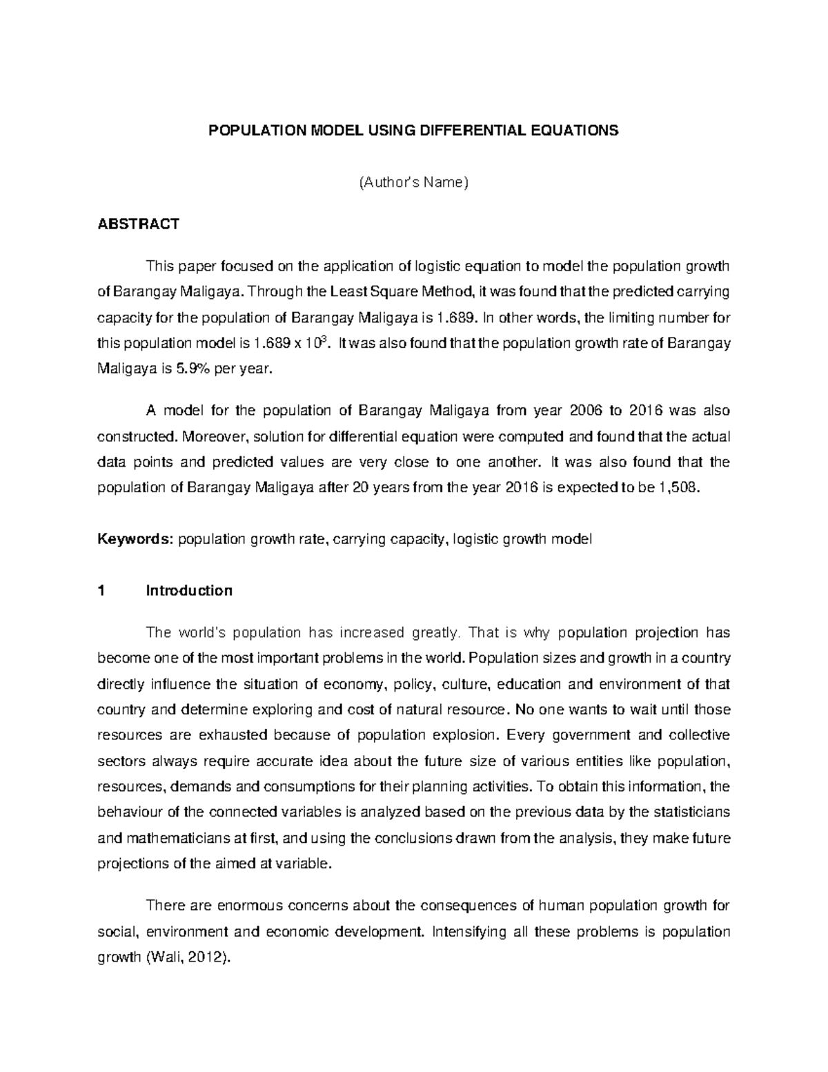 Population Model Using Differential Equations - POPULATION MODEL USING ...