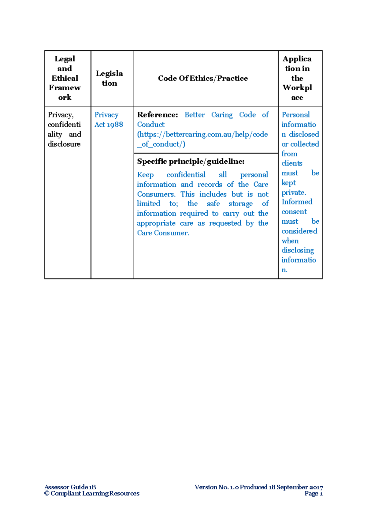 Legal and Ethical Framework - Assessor Guide 1B Version No. 1 Produced ...