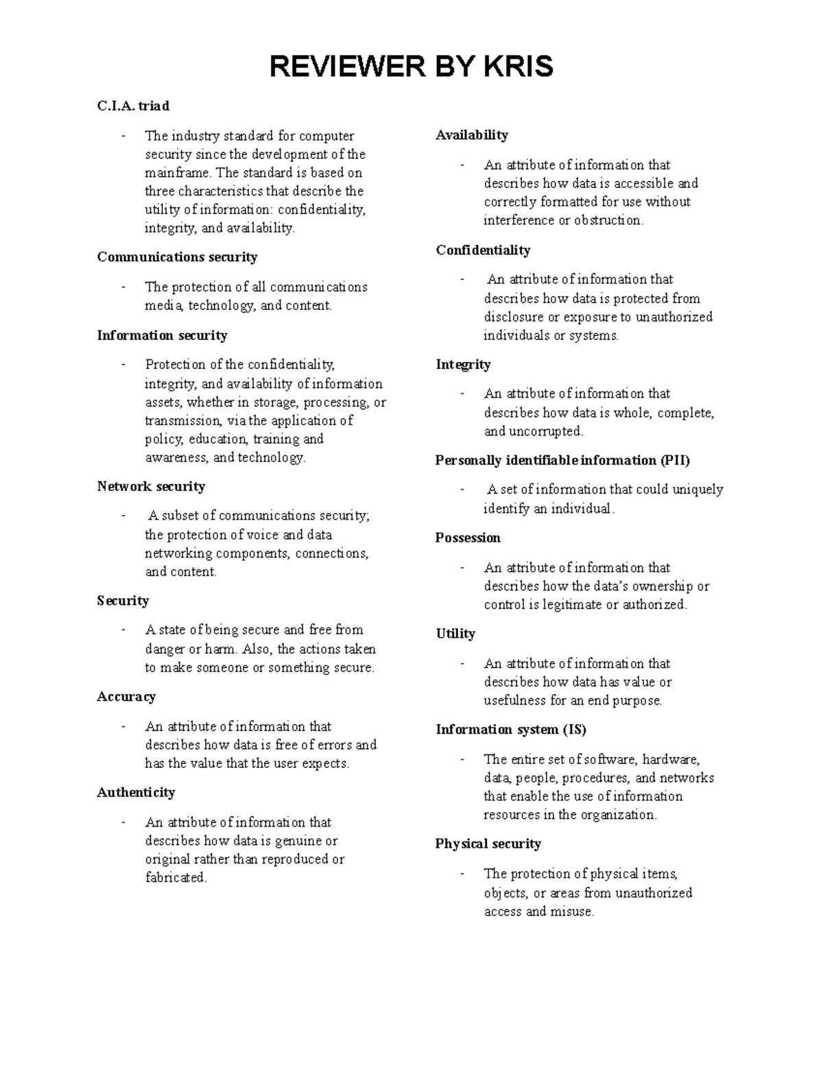 Information Assurance and Security Terms - C.I. triad The industry ...