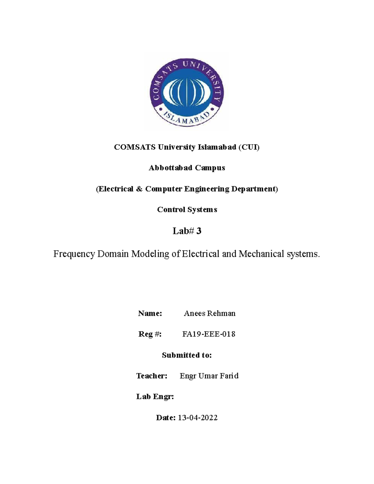 LAB3(CS) - Lab Assignments (Control Systems, Mechanical and Electrical)Lab Assignments - COMSATS ...