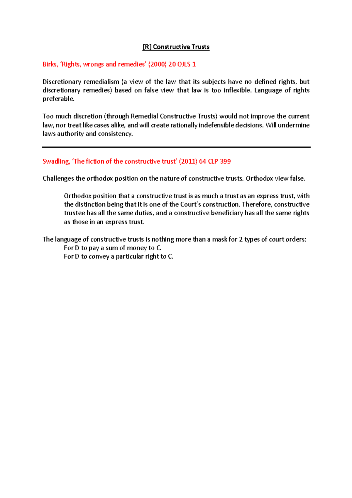 [ Reading] Constructive Trusts - [R] Constructive Trusts Birks, ‘Rights ...