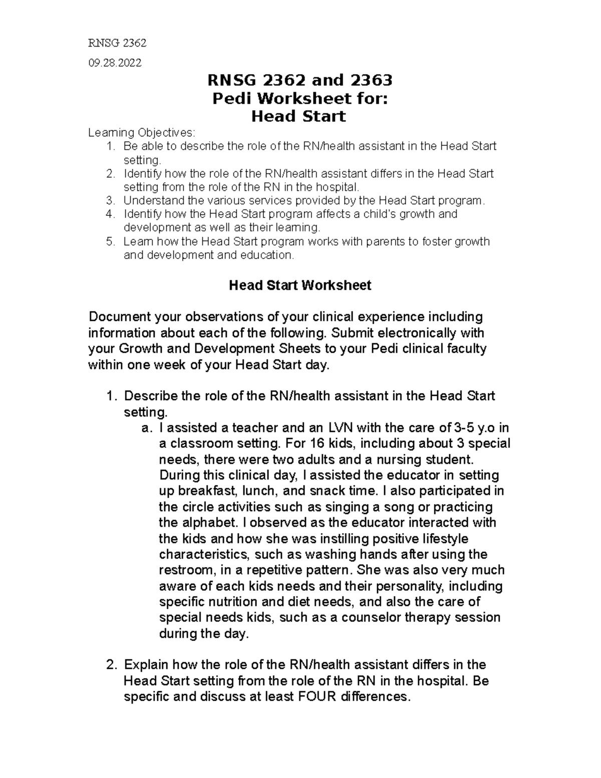 Head Start Worksheet 09 - RNSG 2362 and 2363 Pedi Worksheet for: Head ...