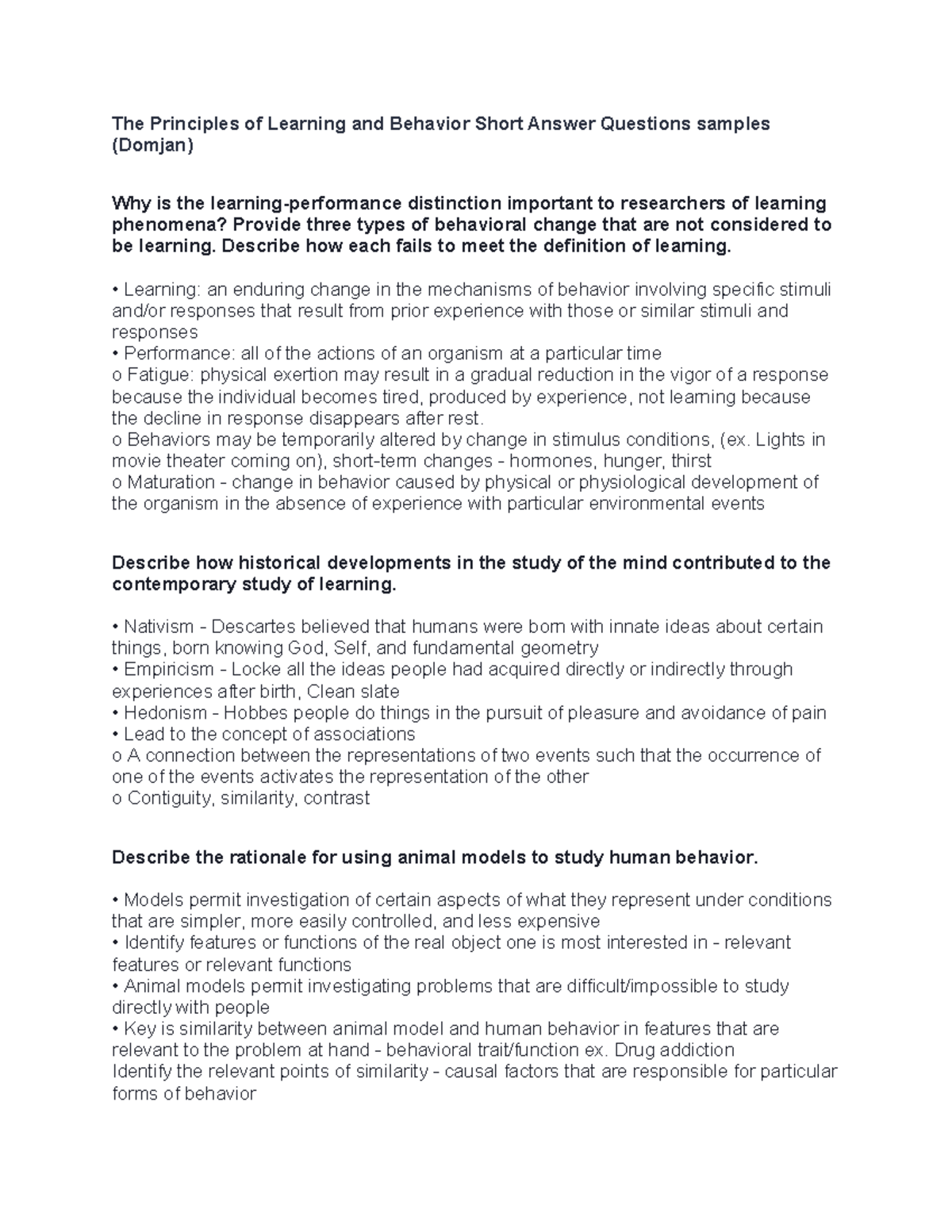 The Principles of Learning and Behavior Short Answer Questions samples ...