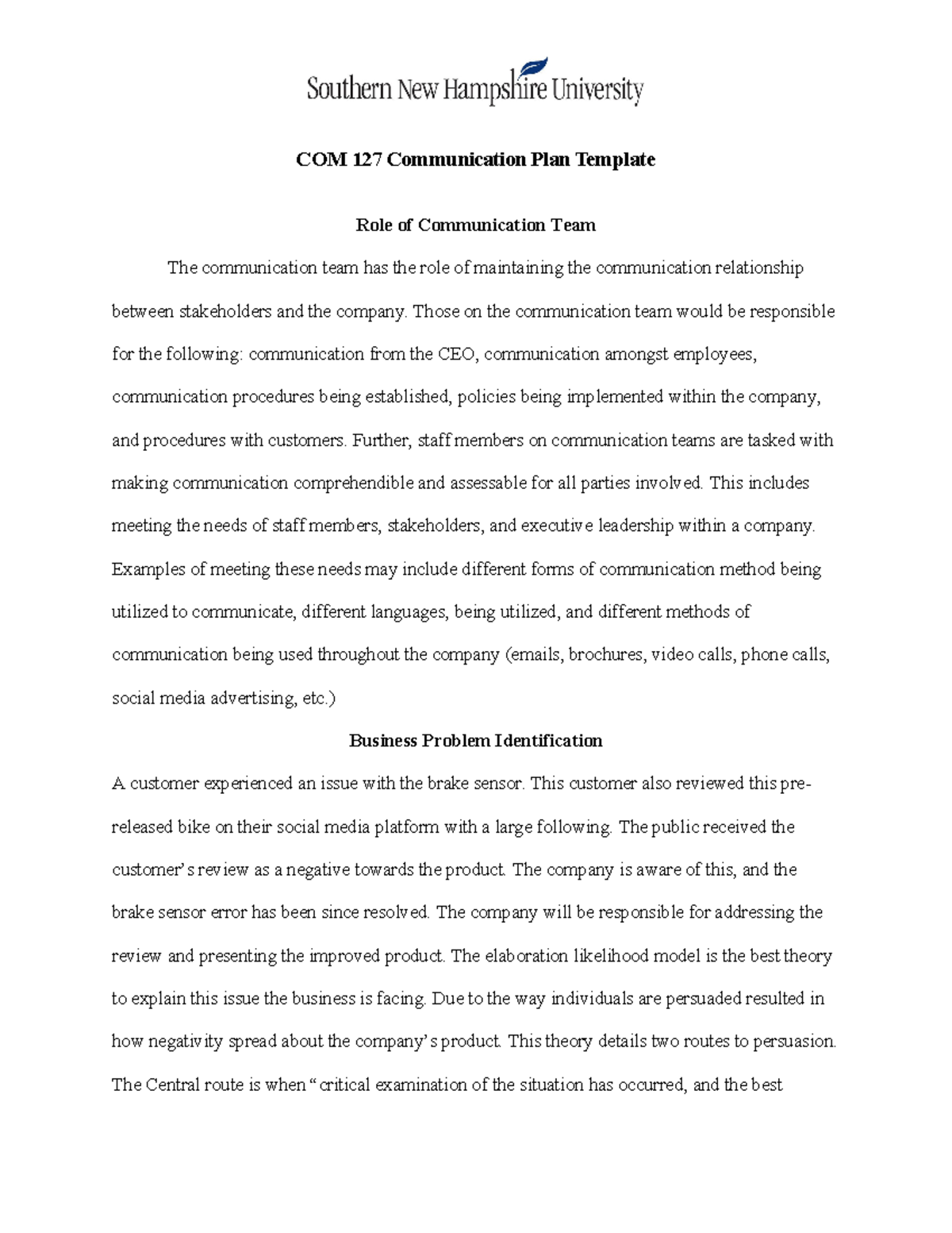 COM 127 Communication Plan Template Final - COM 127 Communication Plan ...