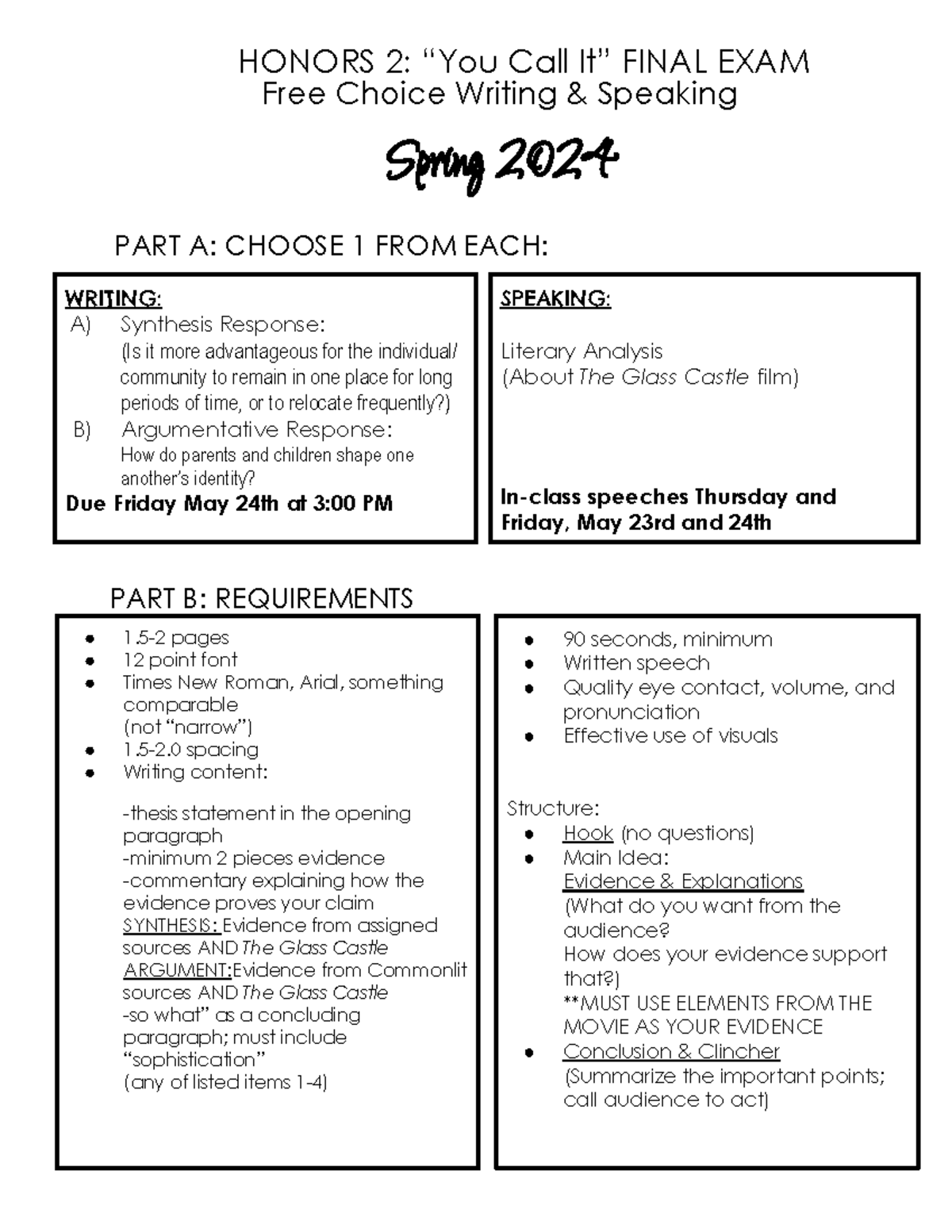 Honors 2 You Call it Final Exam Spring 2024 - PART A: CHOOSE 1 FROM ...