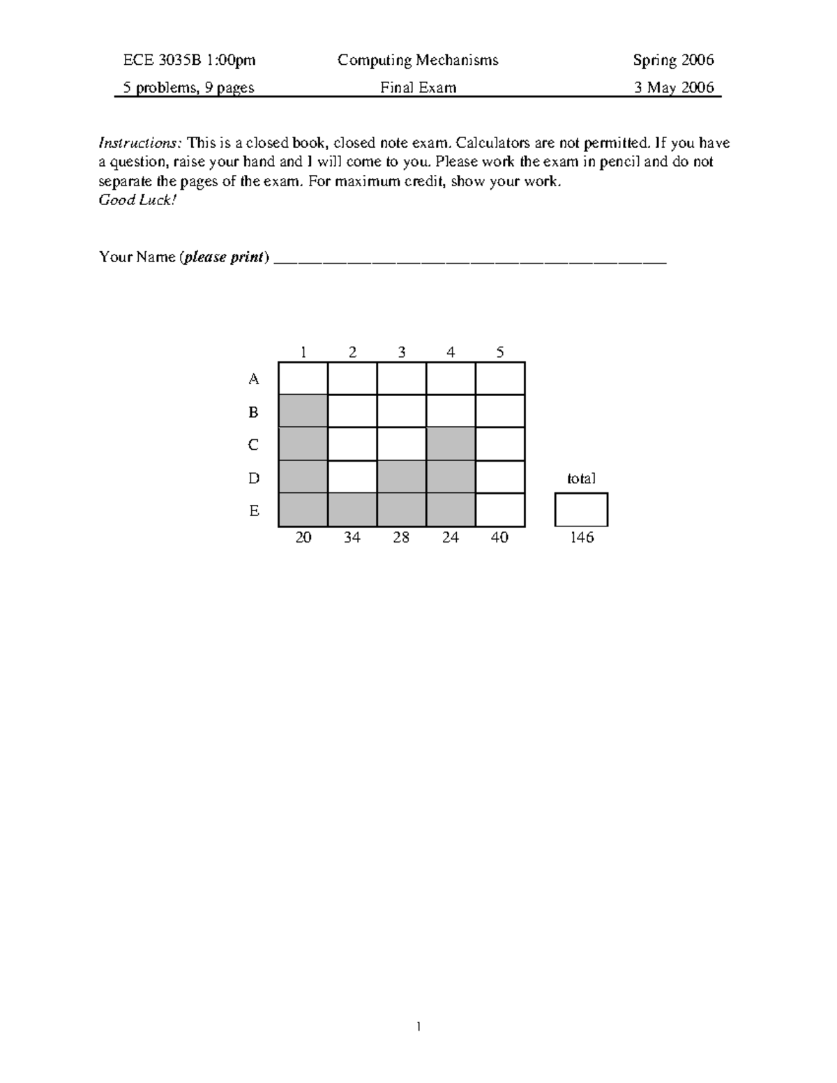 SP06 Final Exam B - Practice Tests - 5 problems, 9 pages Final Exam 3 ...
