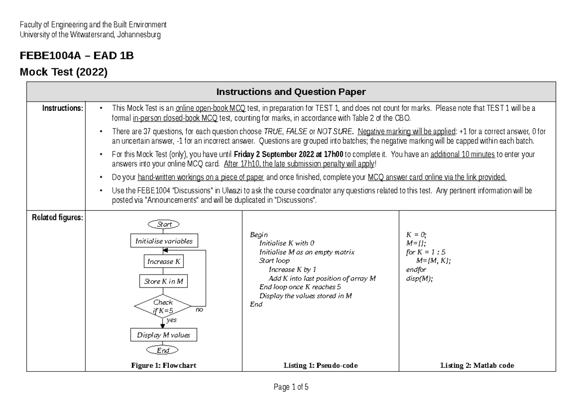 Matlab 2022 Mock Test QP - University of the Witwatersrand ...