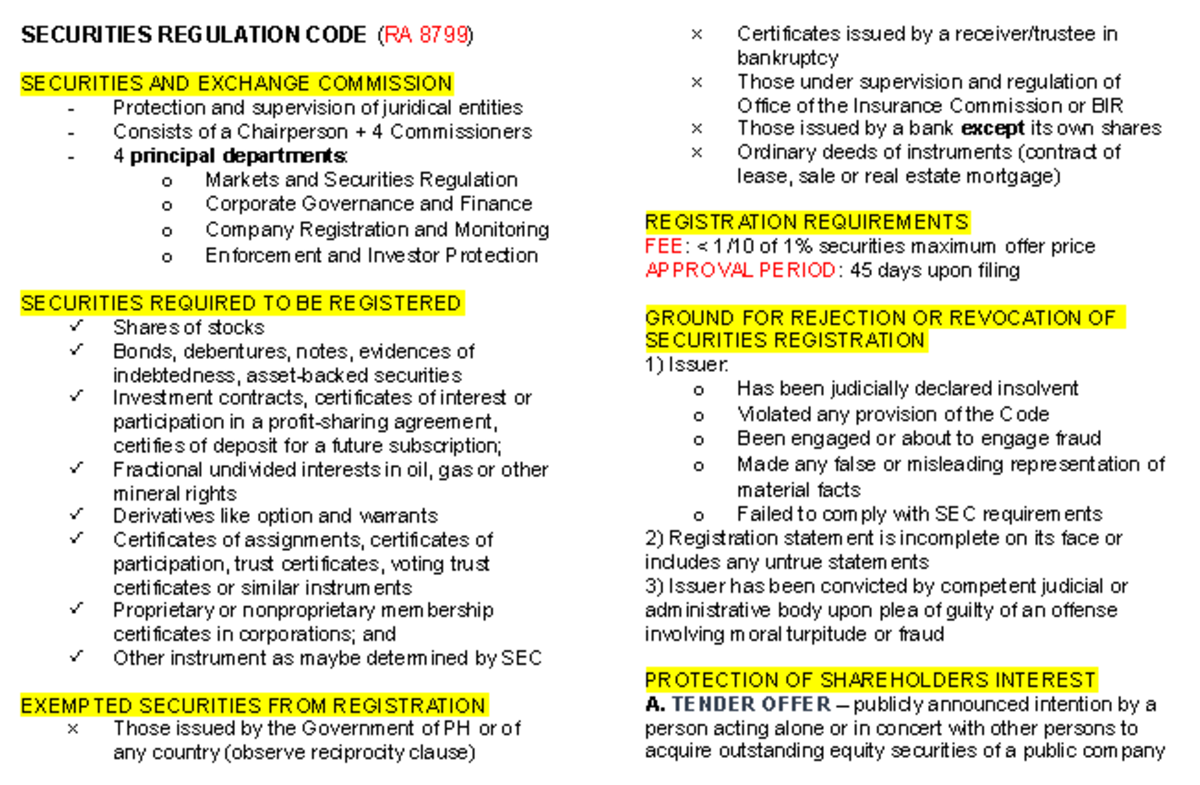 Securities Regulation Code - Corporate Law - UEP - StuDocu