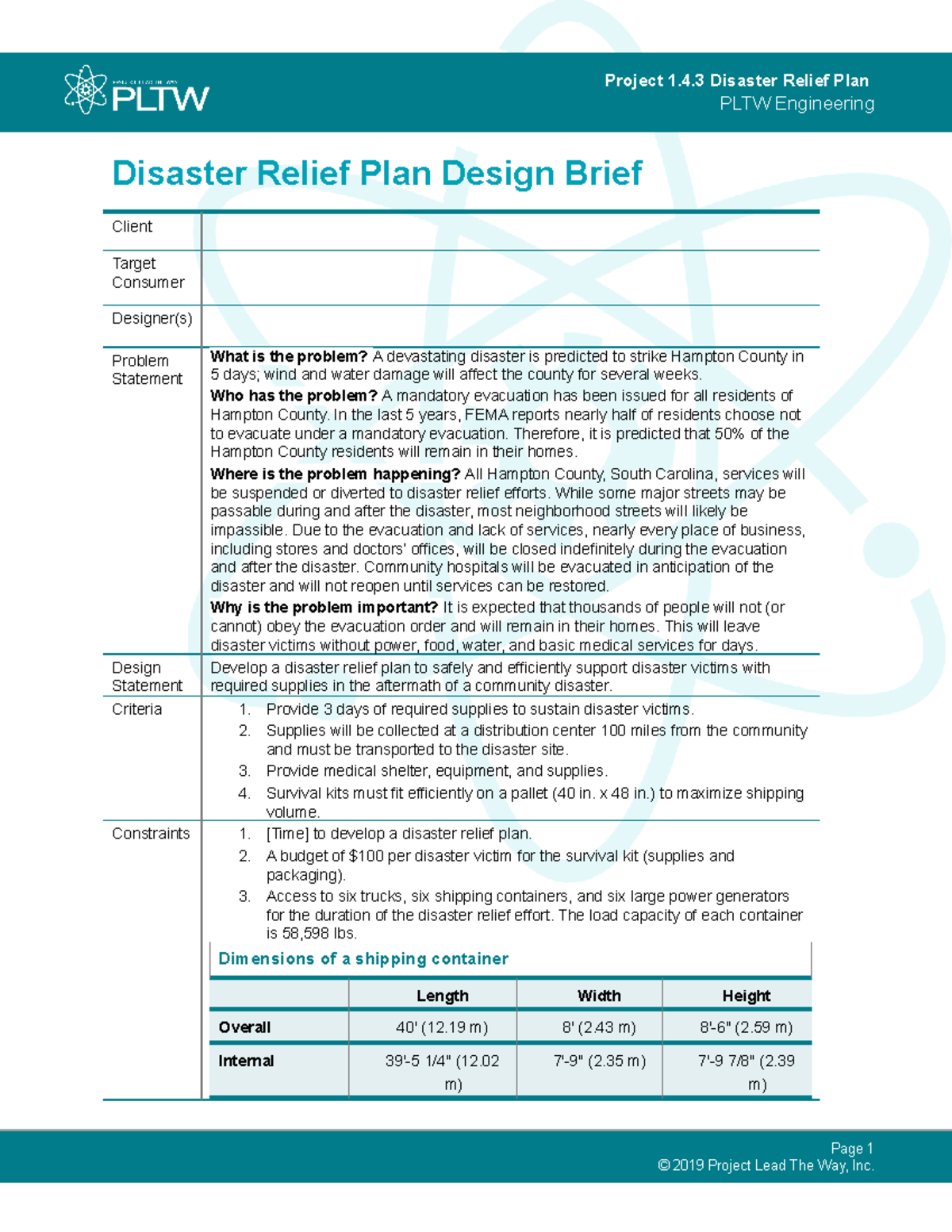 Ees 143 Disaster Relief Plan Design Brief - Project 1.4 Disaster Relief ...