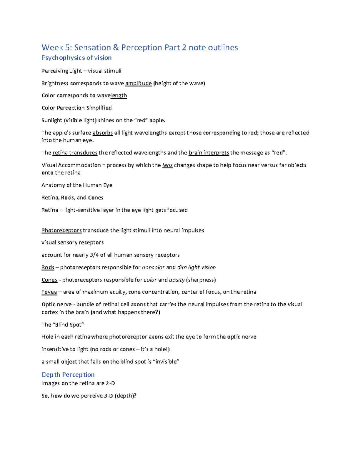 Week 5 Sensations and Perceptions - Week 5: Sensation & Perception Part ...