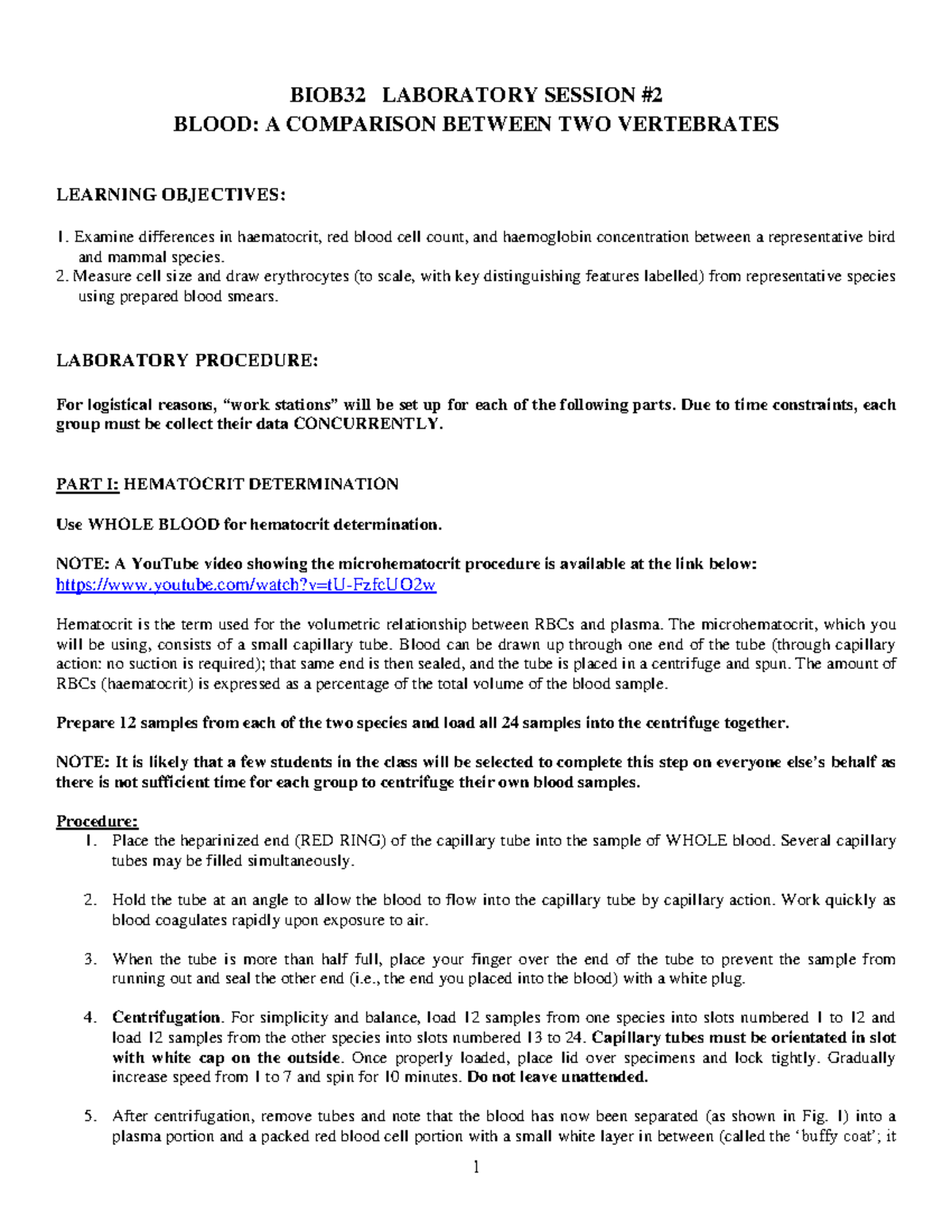 Laboratory Session 2 - Blood - A Comparison Between Two Vertebrates ...
