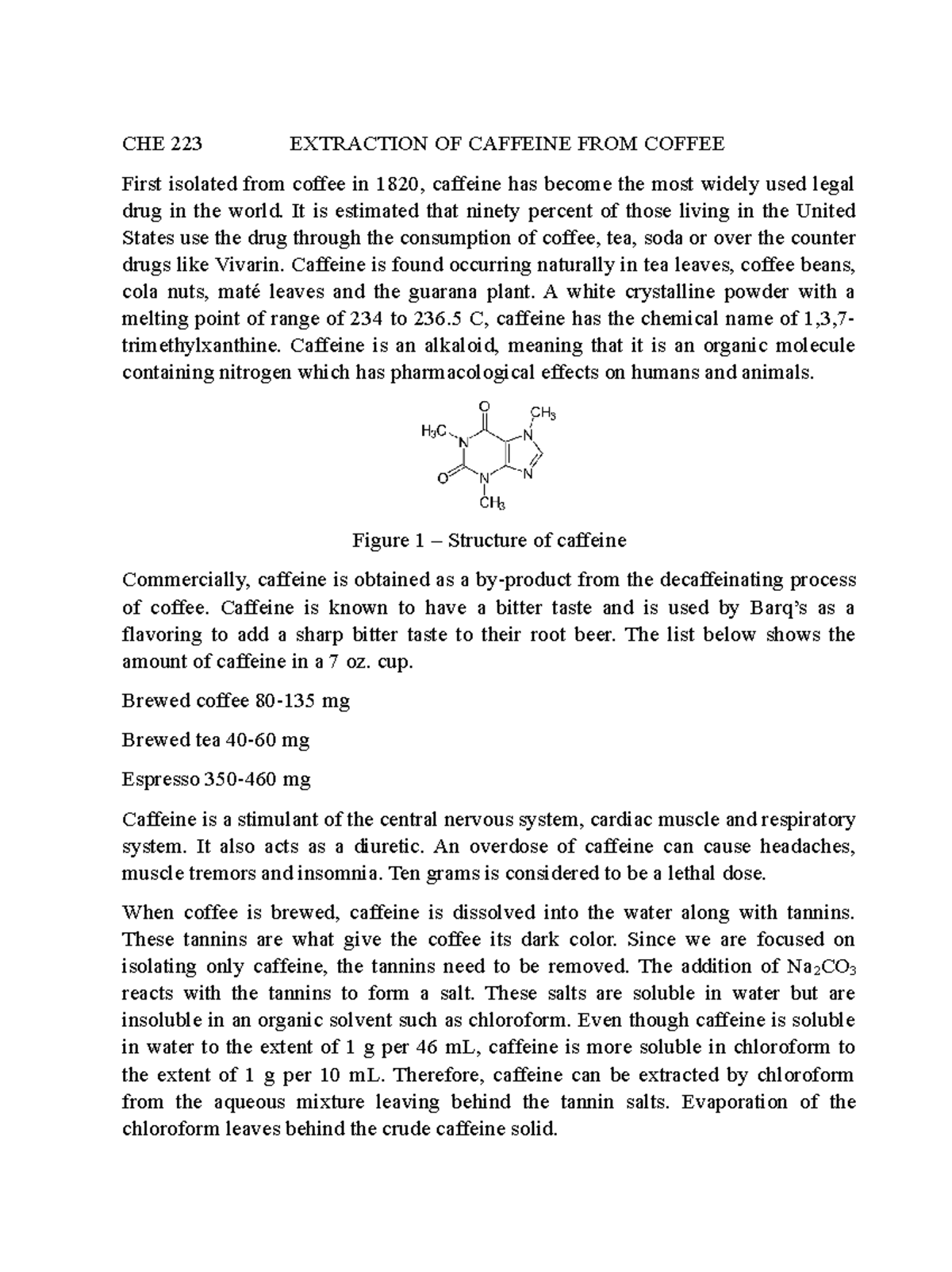 CHE 223 Extraction OF Caffeine FROM Coffee - CHE 223 EXTRACTION OF ...
