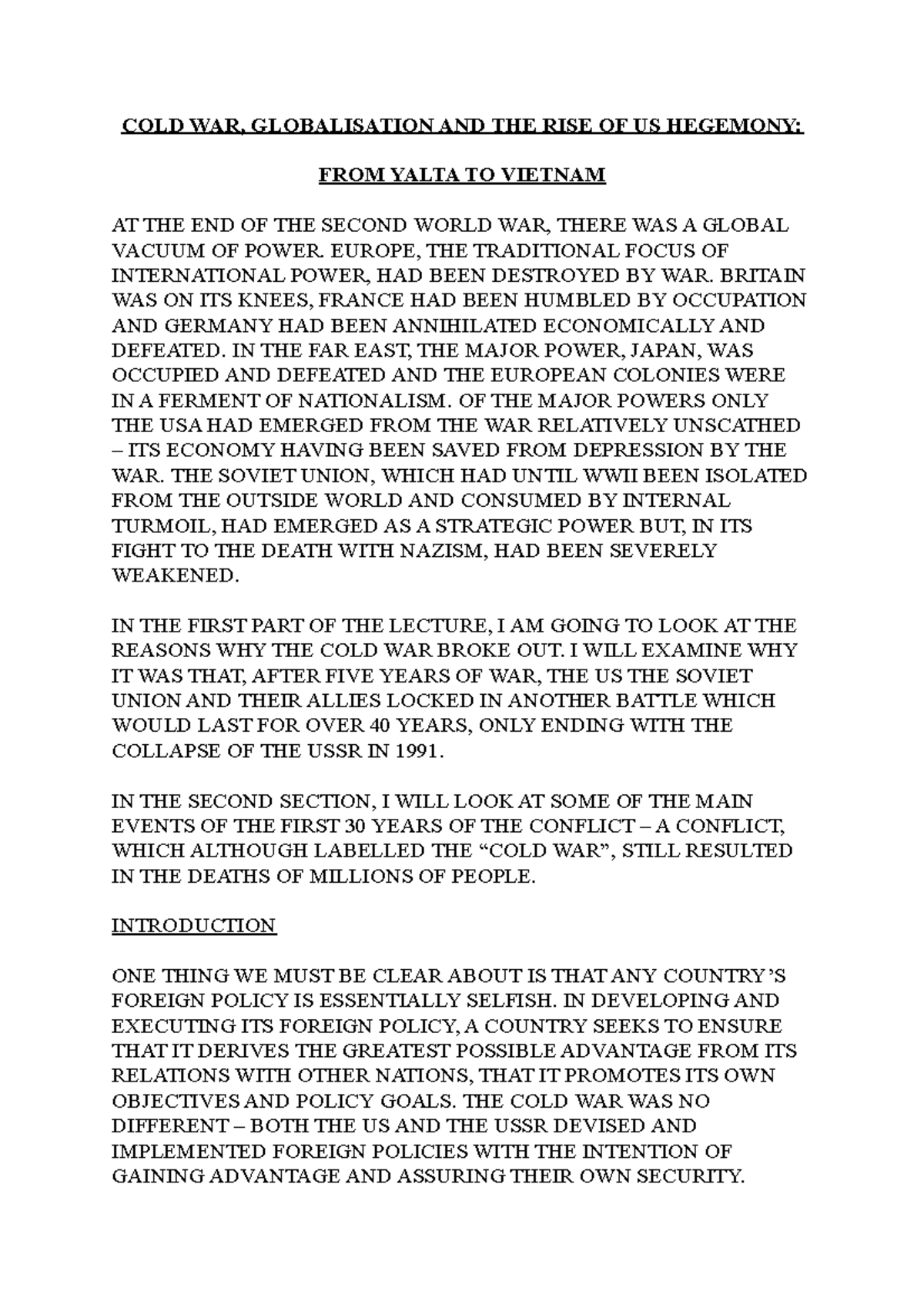 Cold war 1945-75 lecture - COLD WAR, GLOBALISATION AND THE RISE OF US ...